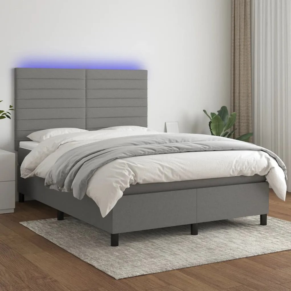 Box spring postel s matrací a LED tmavě šedá 140x200 cm textil 3134958