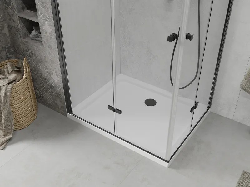 Mexen Lima Duo, sprchový kout s 2-křídlými skládacími dveřmi 80 (dveře) x 70 (dveře) cm, 6mm čiré sklo, černý profil + slim sprchová vanička 5cm bílá s černým sifonem, 856-080-070-70-02