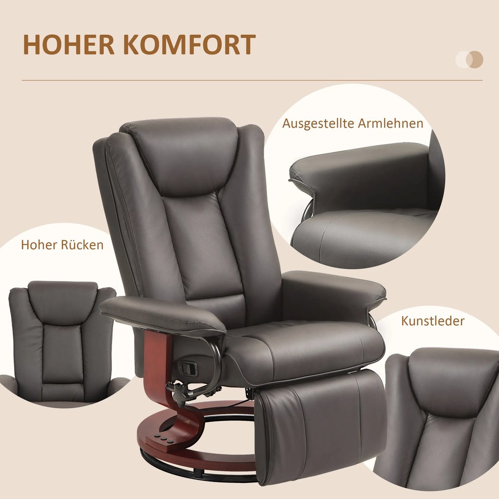 HOMCOM polohovací křeslo TV křeslo s funkcí polohování, otočné polohovací TV křeslo s nastavitelným opěradlem, polohovací do 150 kg, imitace kůže, hn…