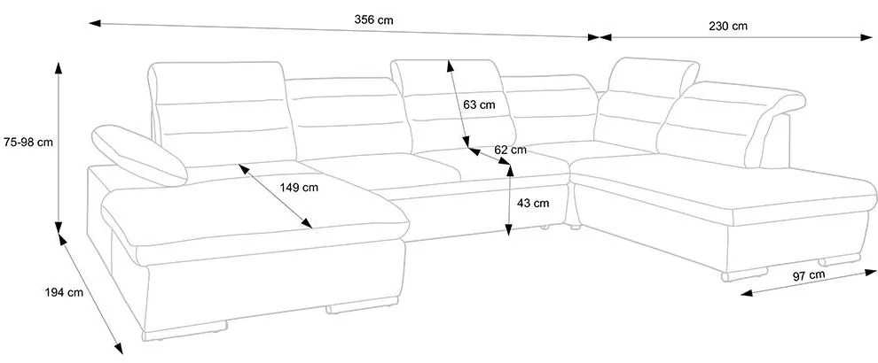 Sedací souprava GRECO II U | 194x356x230 | rozkládací + úložný prostor | VÝBĚR TKANIN