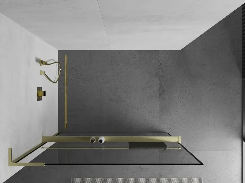 Mexen Kioto+ L, sprchová zástěna Walk-In s poličkou a věšákem 60 x 200 cm, 8mm čiré sklo černý vzor, ​​zlatý matný profil, 800-060-123-55-70