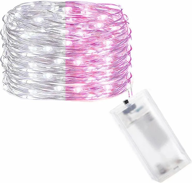 LED řetěz Nano Duo - 2m, 20LED, 2xAA, bílá/růžová