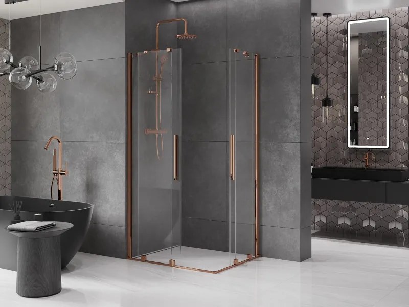 Mexen Velar Duo, sprchový kout s posuvnými dveřmi 100(dveře) x 90(dveře) cm, 8mm čiré sklo, růžové zlato profil, 871-100-090-02-60