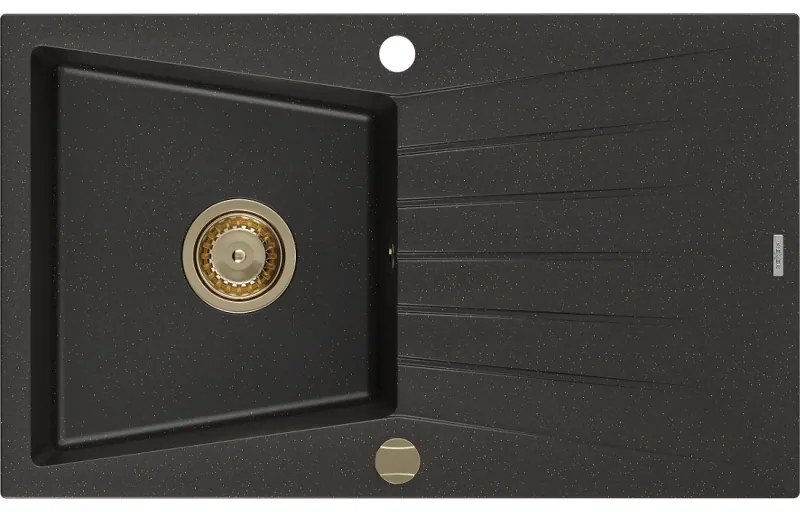 Mexen Cesar, granitový dřez 775x470x190 mm, 1-komorový, černá-zlatá metalíza se zlatým sifonem, 6514771010-75-G