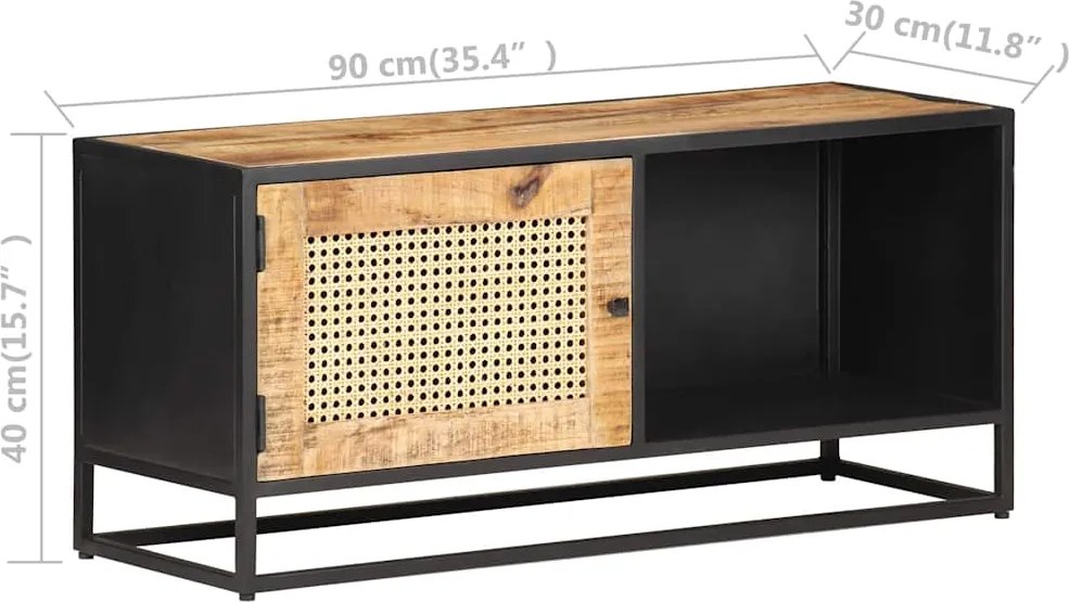 TV stolek 90x30x40 cm hrubý masivní mangovník a přírodní rákos 323144