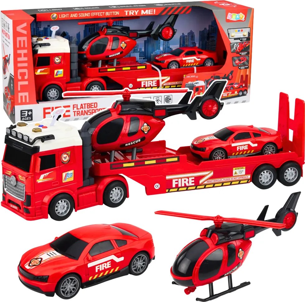 LEAN Toys Souprava hasičská a záchranná: Nákladní auto, odtahovka, auto, vrtulník, světla, zvuky