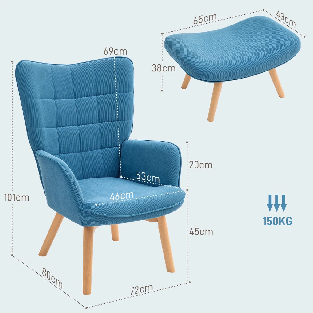 HOMCOM Křeslo s taburetem, křídlové křeslo s vysokým opěradlem, dřevěné nohy, lounge křeslo s čalouněným vzorem, manšestrový vzhled, do obývacího pok…