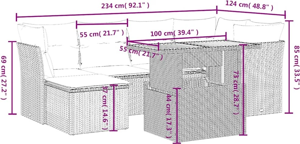 7dílná zahradní sedací souprava s poduškami černá polyratan 3270936