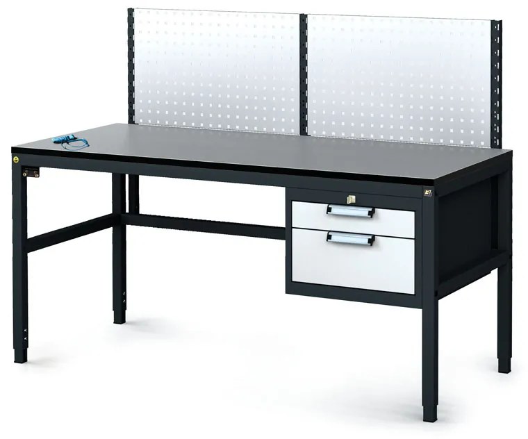 Antistatický dílenský ESD stůl s perfopanelem, 2 zásuvkový box na nářadí, 1600x800x745-985 mm