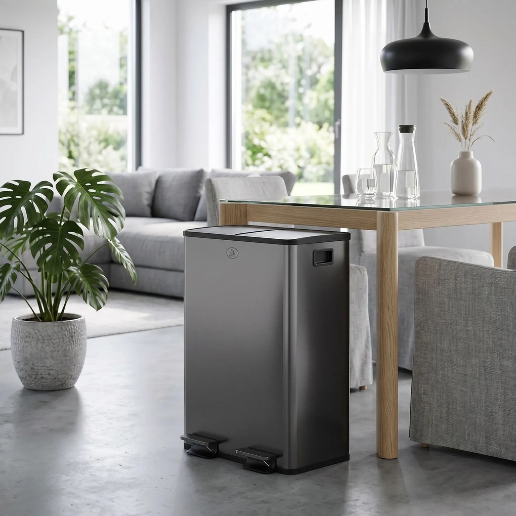 HOMCOM pedálový odpadkový koš se 2 přihrádkami (2×28 l), nerez, vyjímatelné kbelíky, tlumené zavírání, odolný proti otiskům, černý