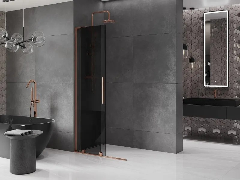Mexen Velar L, posuvná sprchová zástěna Walk-in 90 x 200 cm, 8mm šedé sklo, růžové zlato, 871-090-003-43-60