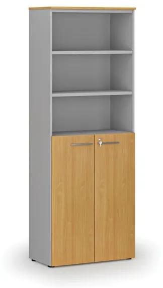 Kombinovaná kancelářská skříň PRIMO GRAY, dveře na 3 patra, 2128 x 800 x 420 mm, šedá/buk