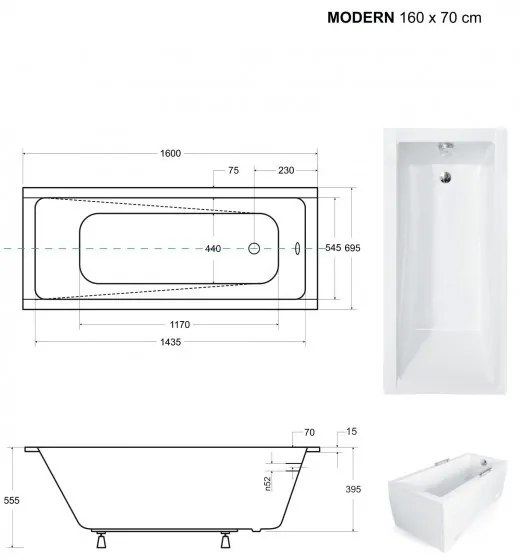 BESCO Obdélníková vana MODERN SLIM Nožičky k vaně - S nožičkami, Rozměr vany - 160 × 70 cm - VANMOD16SLIM+OLVPINOZ