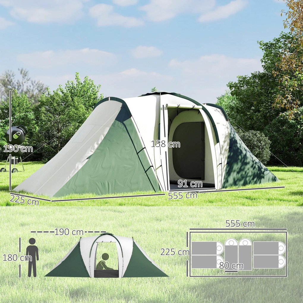 Rodinný tunelový stan Outsunny pro 4-6 osob 555x225x190 cm, voděodolný 3000 mm a skládací s 2 ložnicemi a batoh na výlet