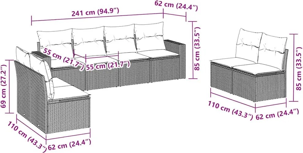 8dílná zahradní sedací souprava s poduškami hnědá polyratan 3251190