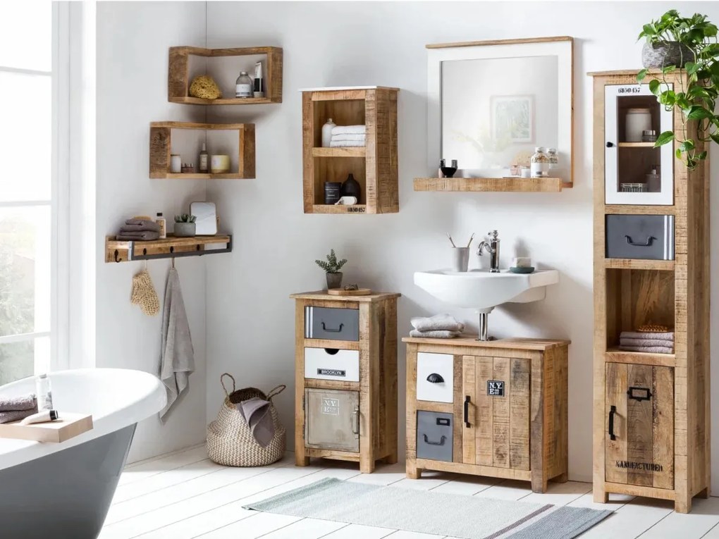 furniture-nabytek.cz - Masivní koupelnová vysoká skříňka Padma z mangového dřeva, lakovaná, vícebarevná – 43×35×180 cm