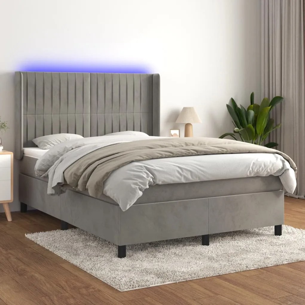 Box spring postel s matrací a LED světle šedá 140x200 cm samet