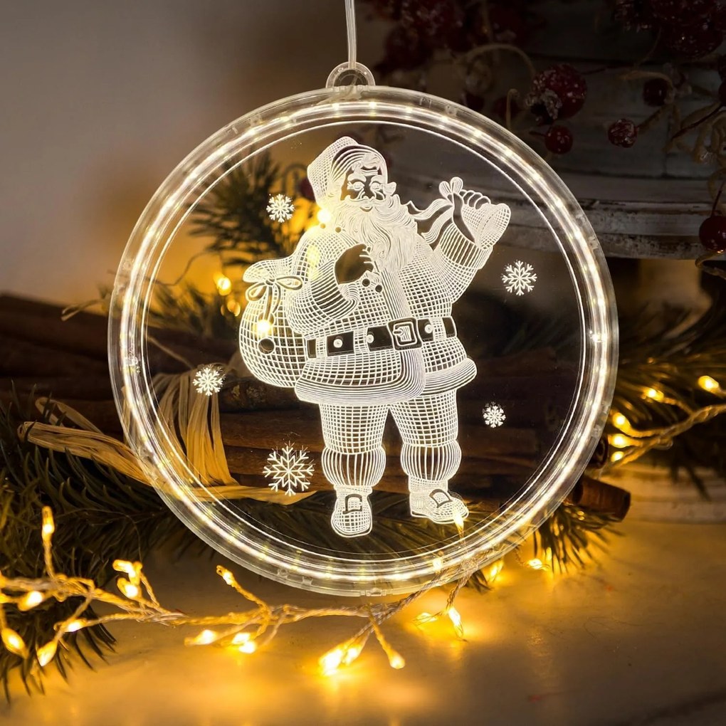 LED světelná ozdoba na okno SANTA CLAUS II kruhová bílá