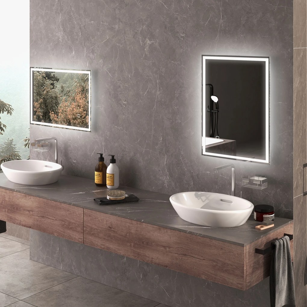 HOMCOM LED koupelnové zrcadlo 80x60cm, nástěnné, bez mlhy, s dotykovým spínačem, IP44 pro moderní koupelny