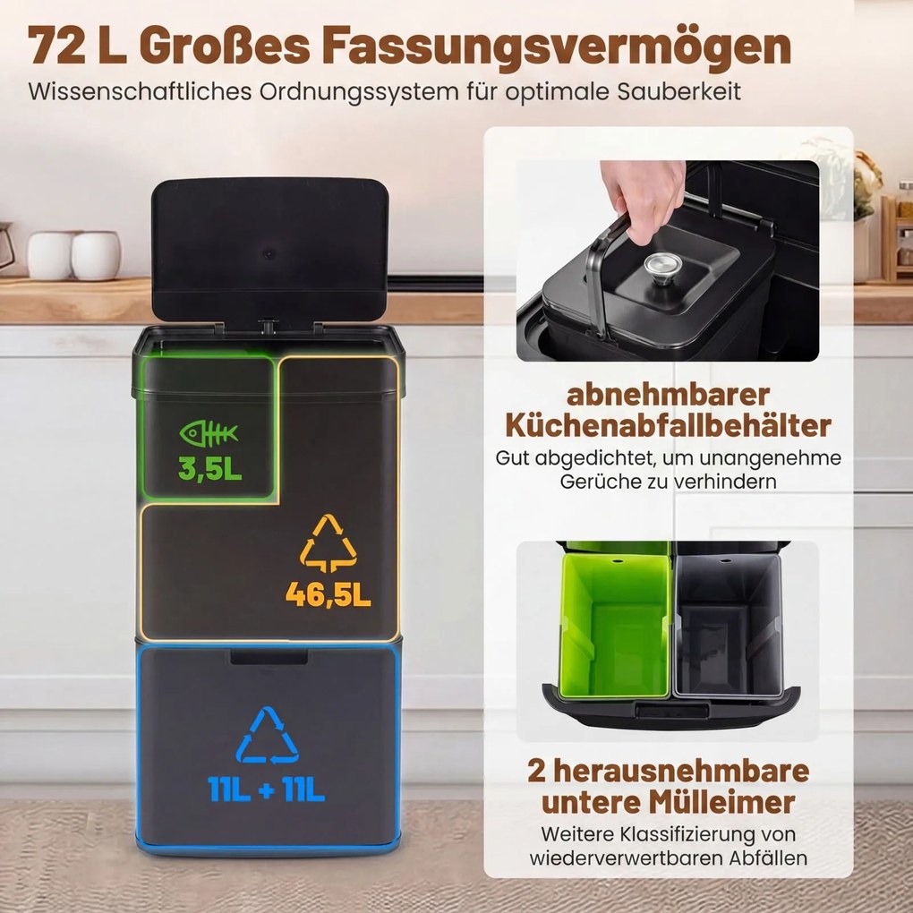 Costway 72 L-odpadkový koš z nerezové oceli s kuchyňským odpadkovým košem 42 x