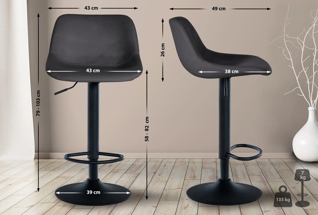 Sada 2 barových židlí Loft samet – tmavě šedá