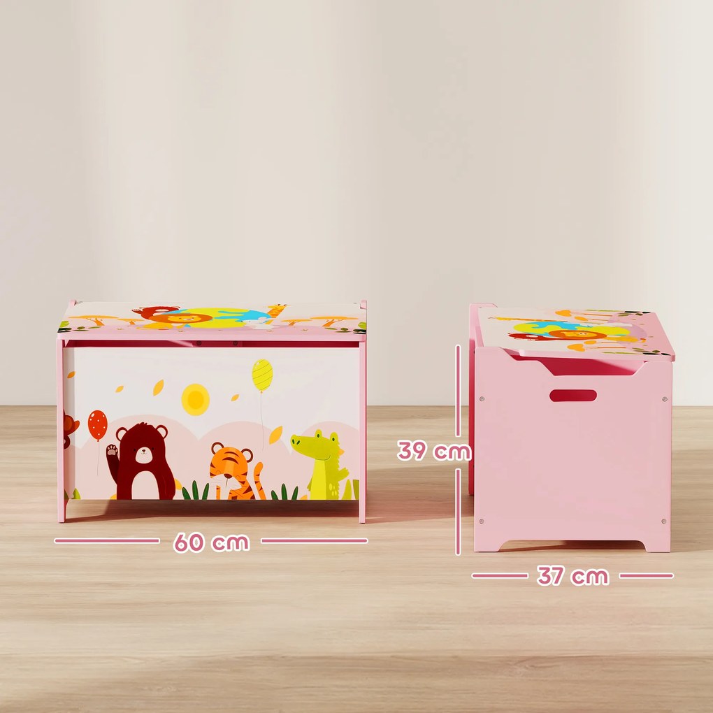 AIYAPLAY dětská truhla na hračky, úložný box, sklopné víko, motiv zvířete, 60 x 37 x 39 cm růžová