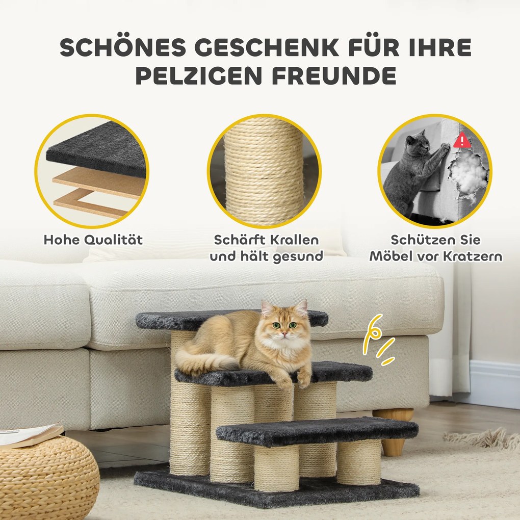 PawHut schody pro psy a kočky 3stupňové schody pro psy schody pro kočky plyšové tmavě šedé 45x35x34cm pro snadný vstup a výstup | Aosom.de