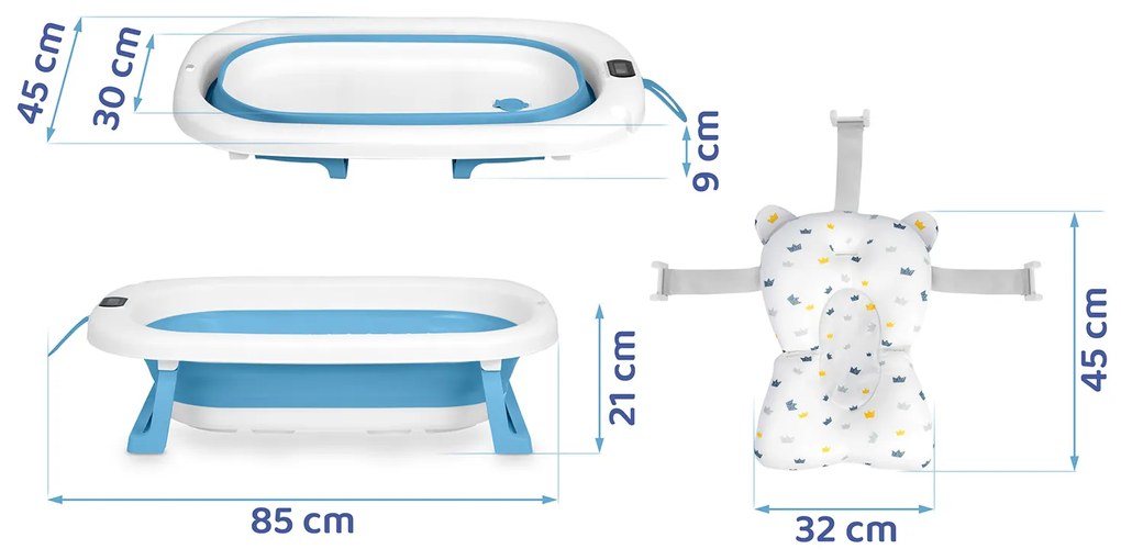 Ricokids Skládací vanička pro děti a kojence s teploměrem a vložkou - RK-287 bílá a modrá