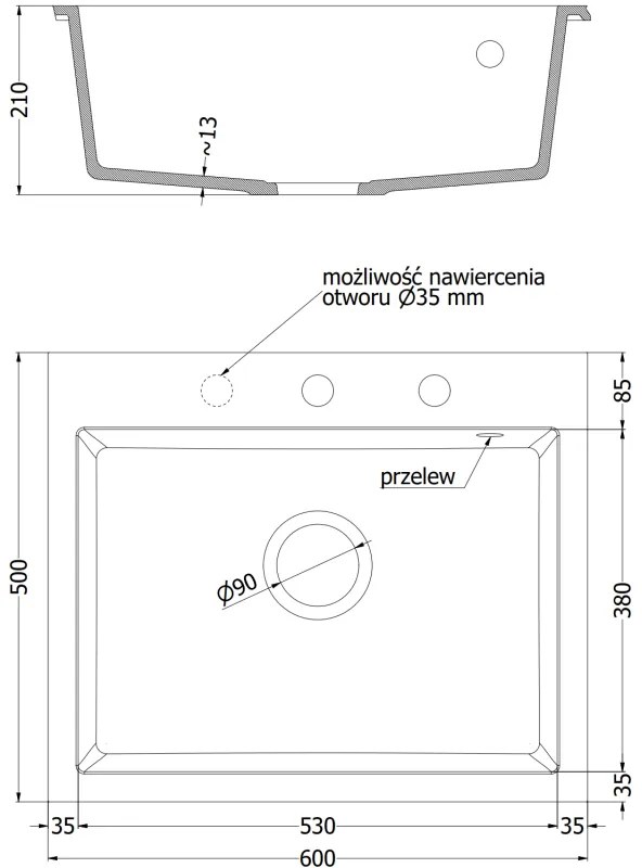 Mexen Elix, 1-komorový granitový dřez 600 x 500 mm, šedý, zlatý sifon - 6525601005-71-G