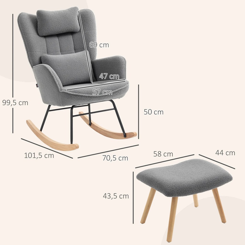 HOMCOM Houpací křeslo s podnožkou, měkký fleecový potah, dřevěné nohy, polštář, vysoké opěradlo, houpací křeslo, tmavě šedá