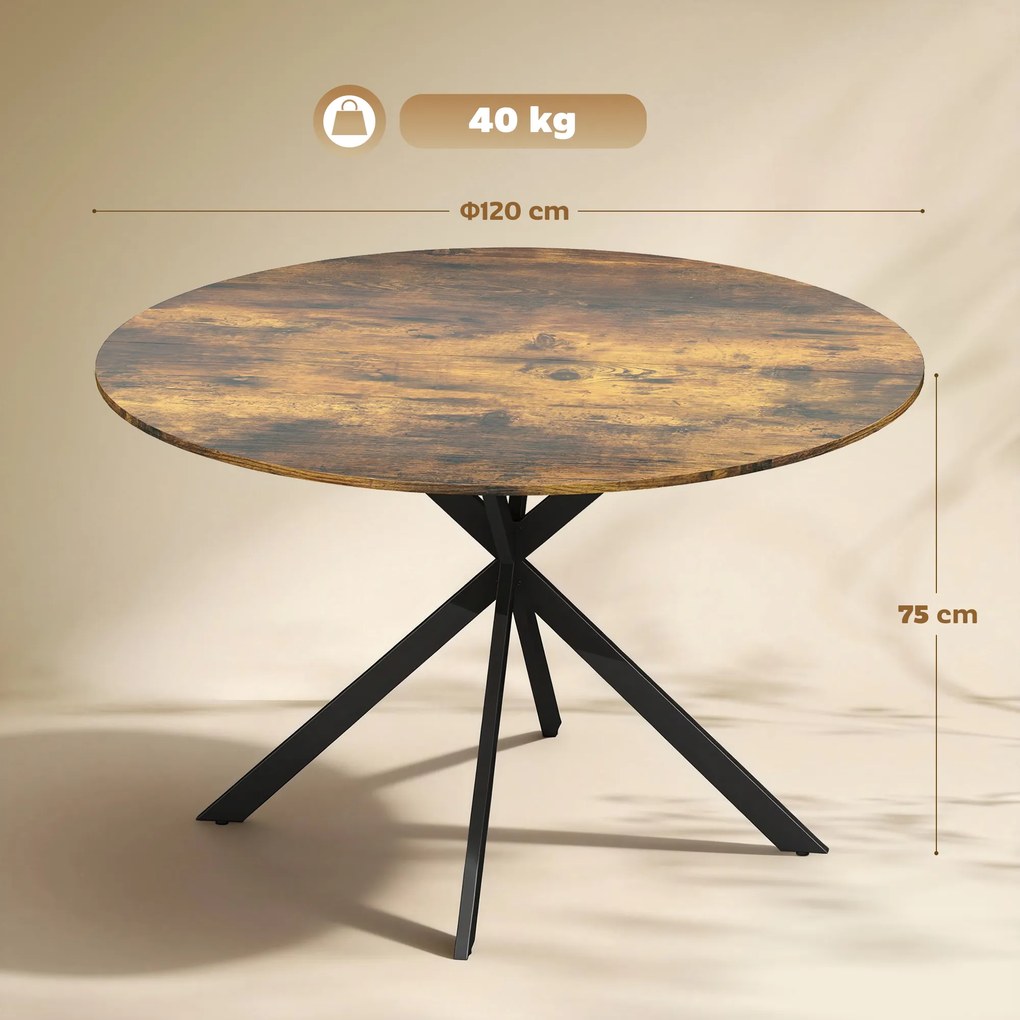 HOMCOM kulatý jídelní stůl pro 4, Ø120 cm, průmyslový styl, rustikální hnědá