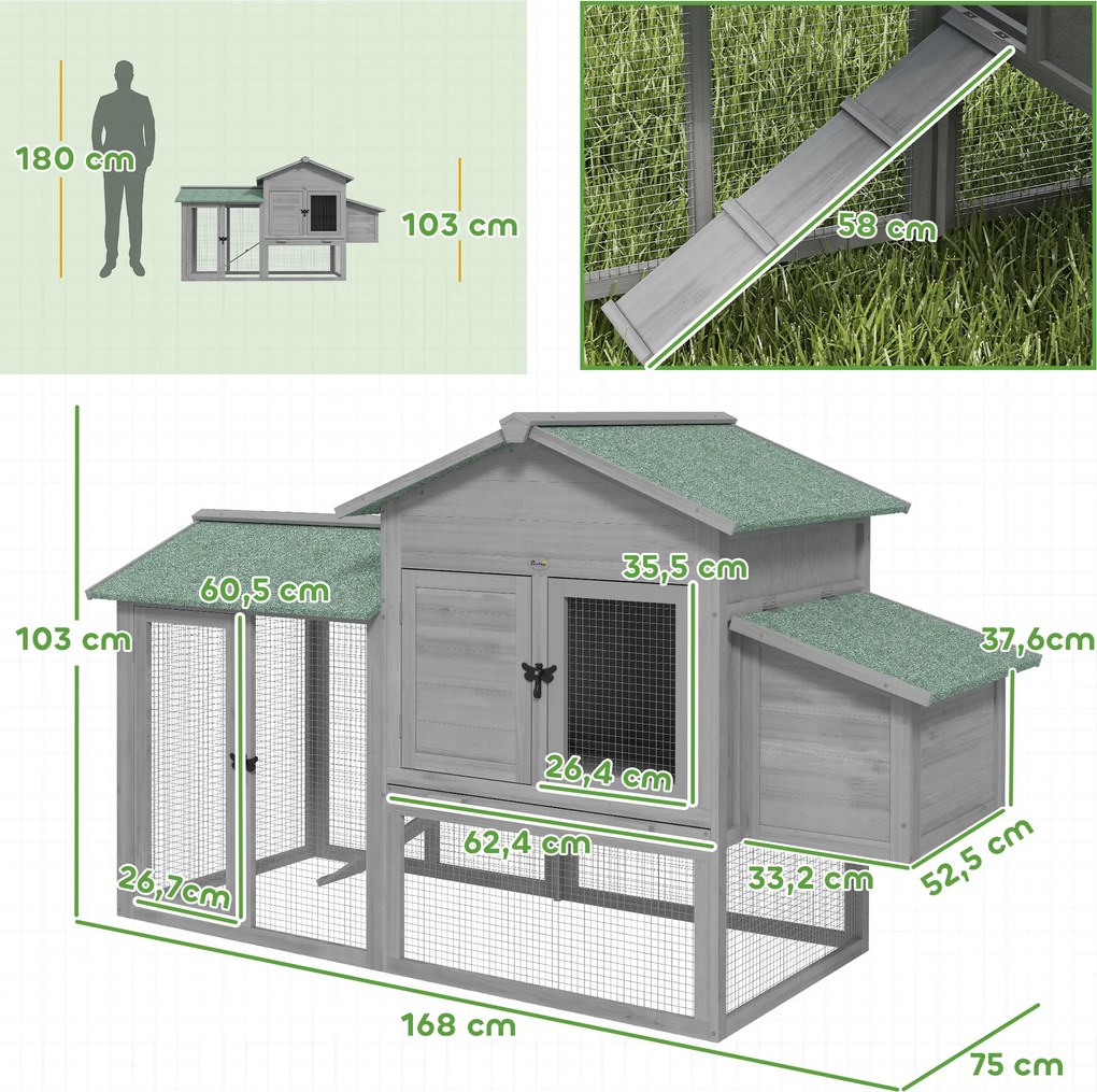 Dřevěný kurník pro slepice s volným výběhem hnízdní box s rampou výsuvný tác pro 2-4 slepice 168x75x103cm šedý