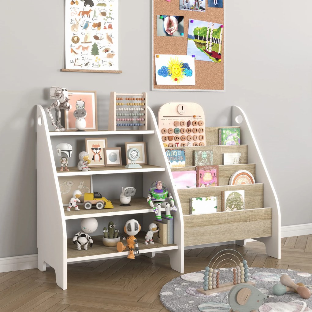 Wooden Toys Montessori regál pro děti Knihovna na knihy Organizér 2 v 1 BÍLÝ mix SONOMA