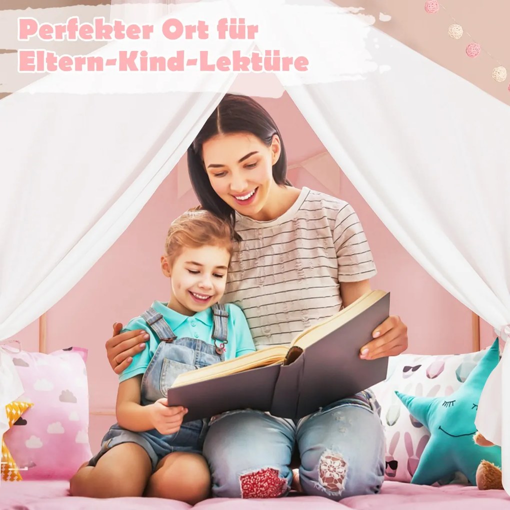 Costway Dětský stan s omyvatelnou bavlněnou podložkou a vlajkou Banner – růžový