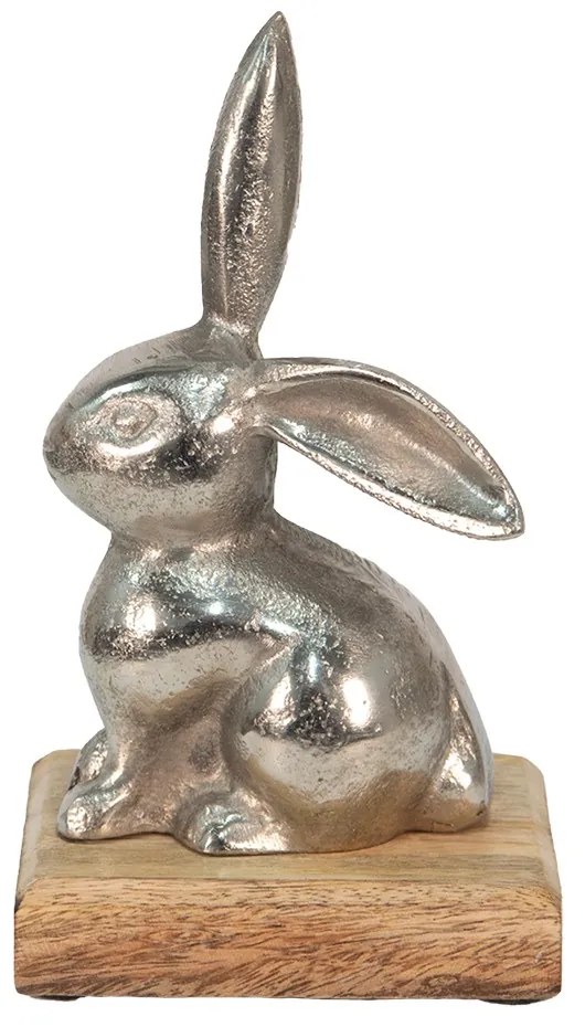 Dekorace stříbrný kovový králík na dřevěném podstavci - 11*10*20 cm