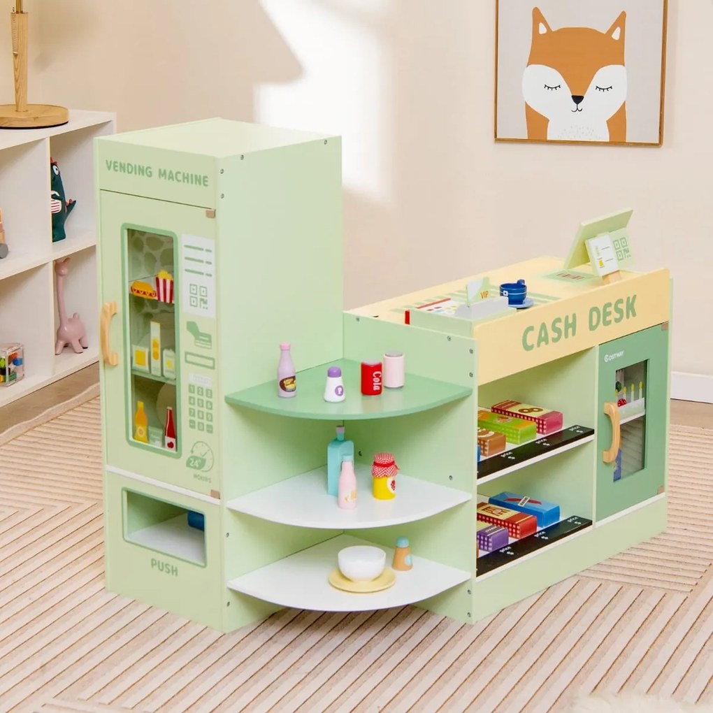 Costway Dětský dřevěný obchod s bočním pultem – 89 × 57 × 80 cm, zelený