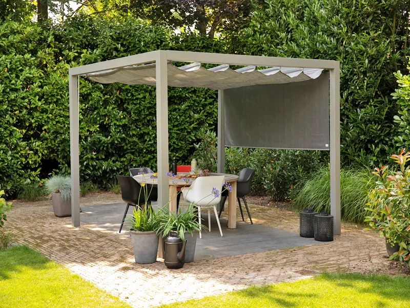 Platinum Volně stojící pergola se sluneční harmonikou Farba Harmoniky: Slonová kosť, Farba Pergoly: Antracitová RAL 7016, Vonkajší rozmer Pergoly: 3,19 x 3,19 m