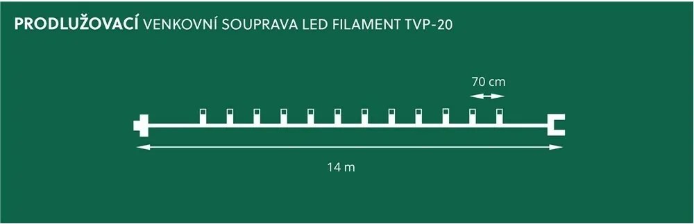 Světelný řetěz Šiška, 20 LED žárovek Filament, čirý kabel, prodloužení