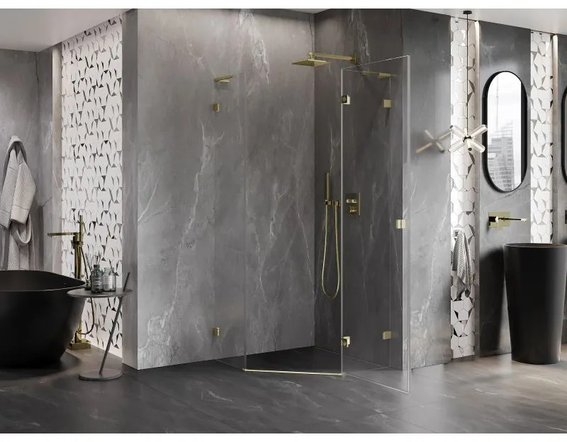 Mexen Lunar, L pravý výklopný pětiúhelníkový sprchový kout 90 x 90 cm, 8mm čiré sklo, zlatý profil, 831L-090P-090L-50-00-P