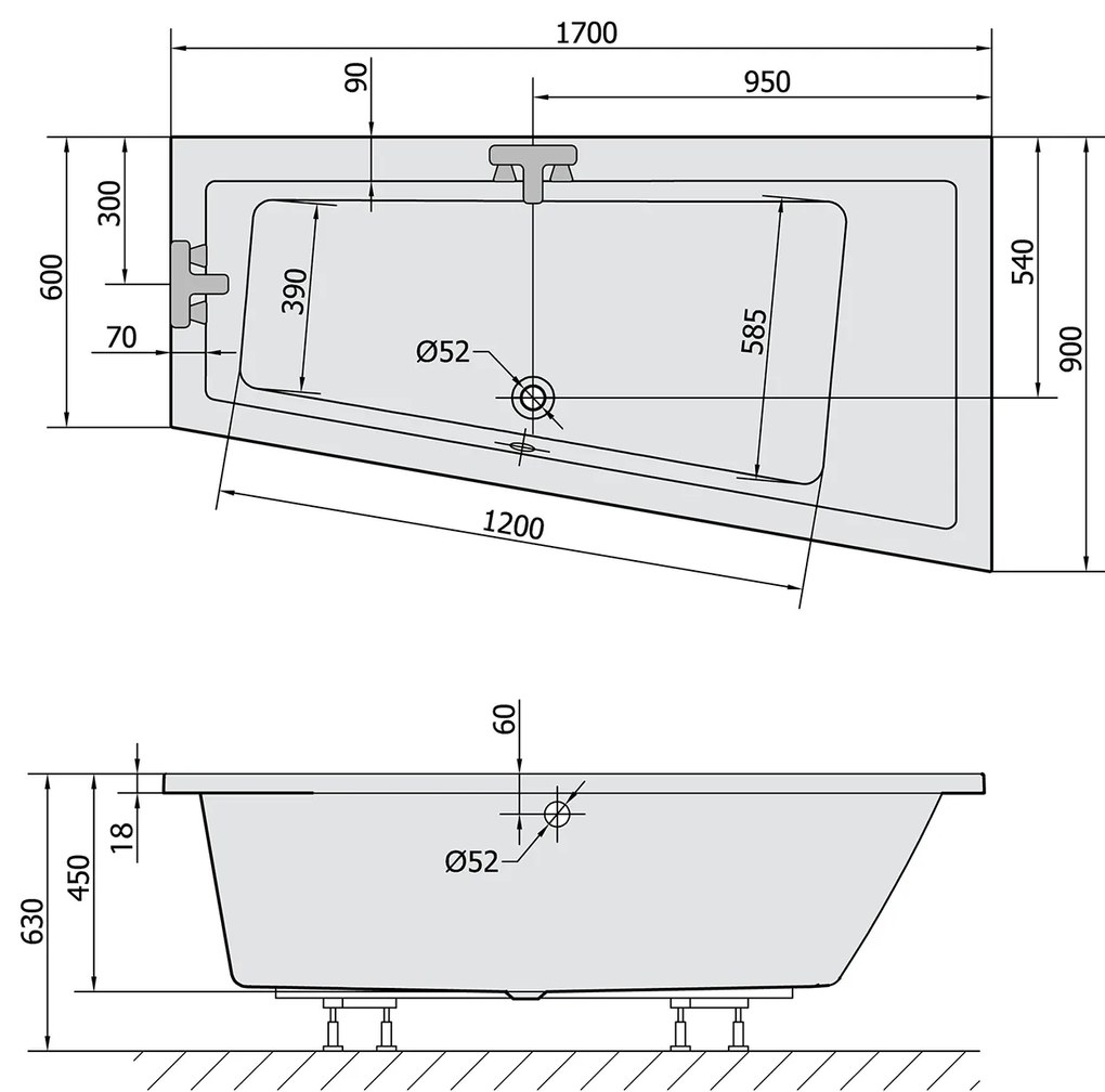 Polysan ANDRA R SLIM asymetrická vana 170x90x45cm, bílá, 81511S