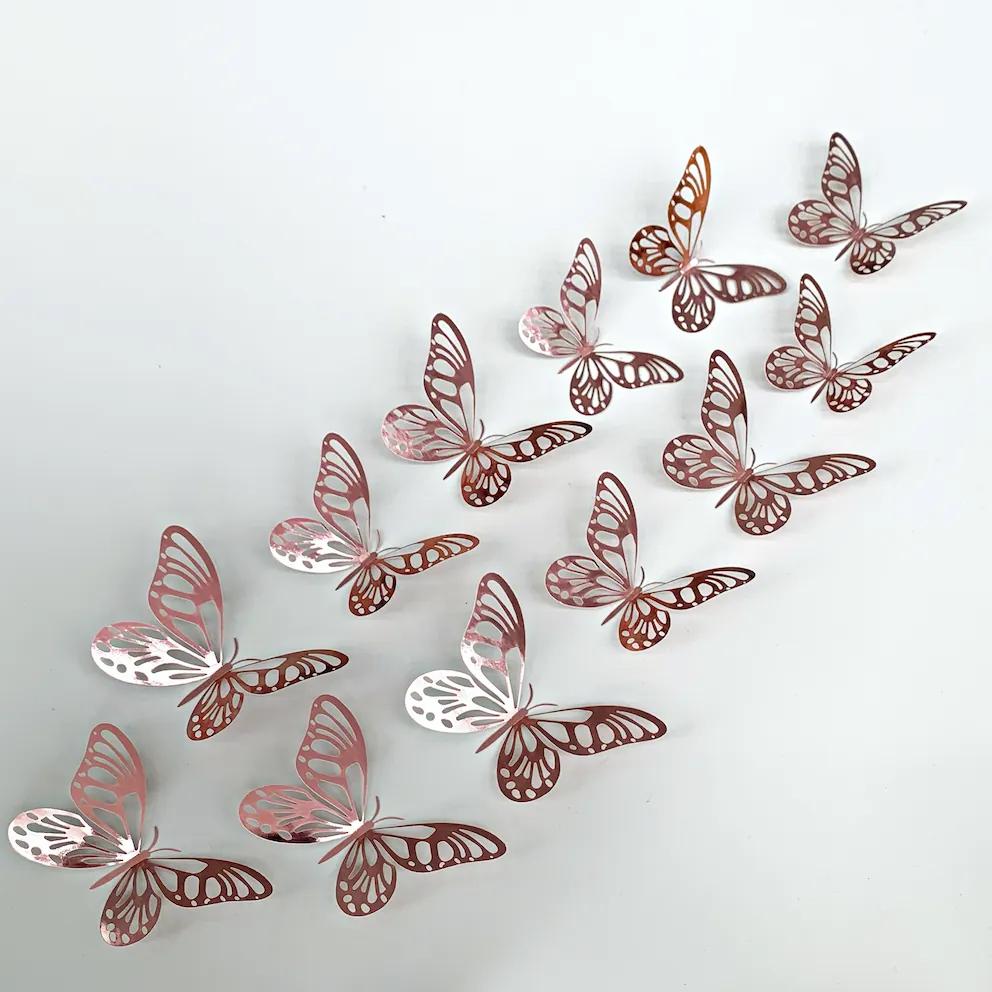 PIPPER | Samolepka na zeď "Metalické Motýli - Růžové" 12 ks 8-12 cm
