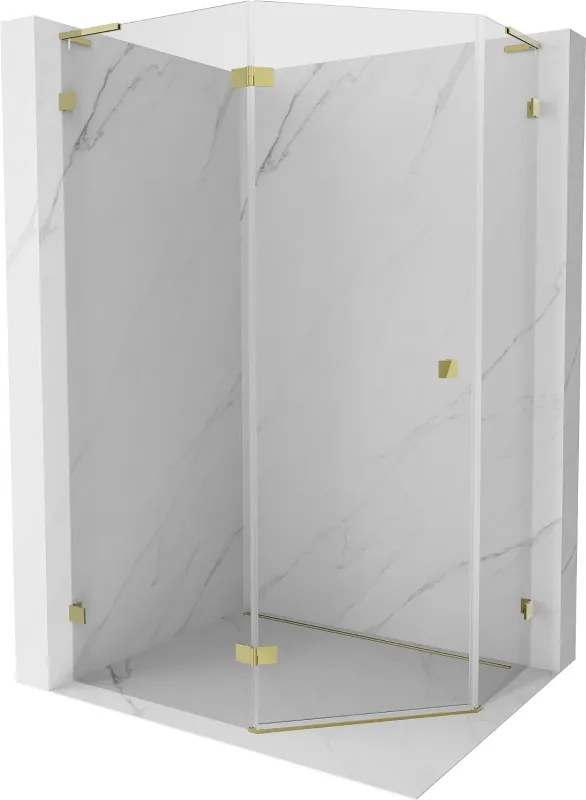 Mexen Lunar, L pětiúhelníkový sprchový kout naklápěcí doleva 90 x 80 cm, 8mm čiré sklo, zlatý profil, 831L-090L-080P-50-00-L