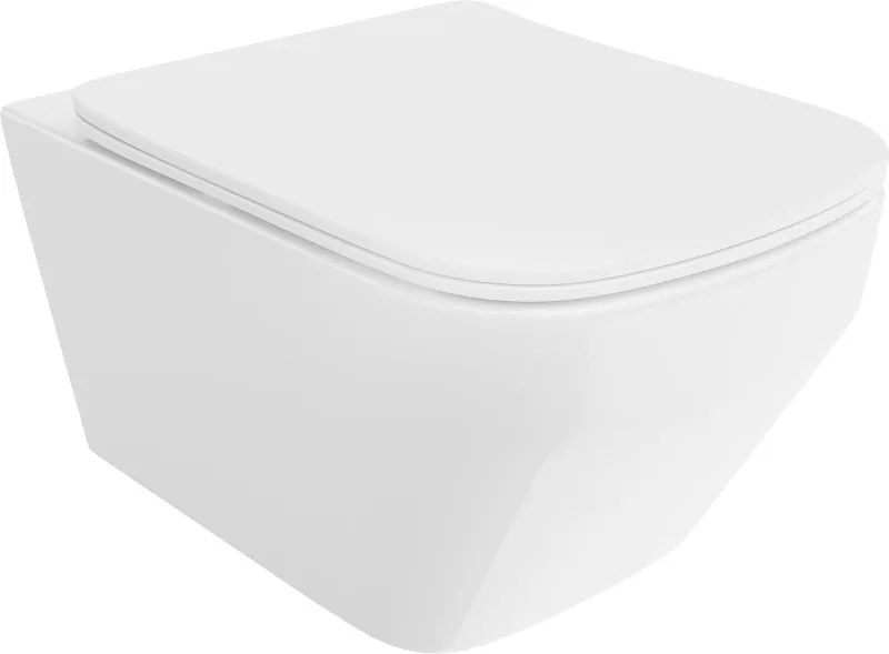 Mexen Riva, závěsná WC mísa 555x370x335 mm, Rimless Tornádo + WC sedátko z duroplastu, bílá lesklá, 30630200T