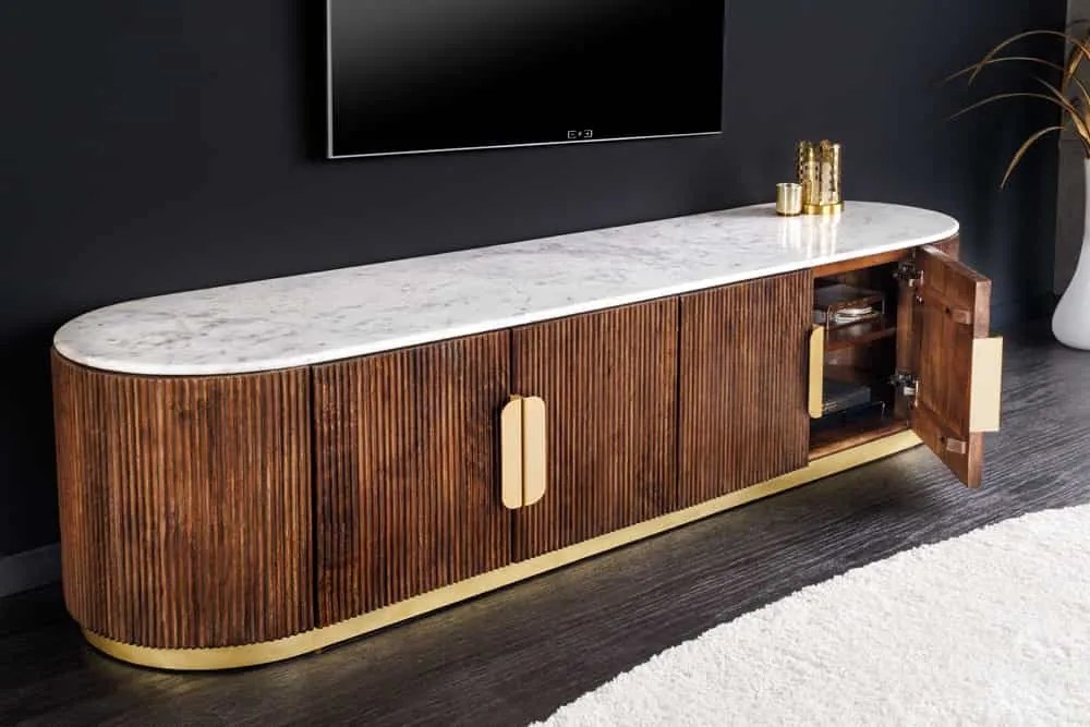 Designový TV stolek Daichi 170 cm mango / mramor - II. třída