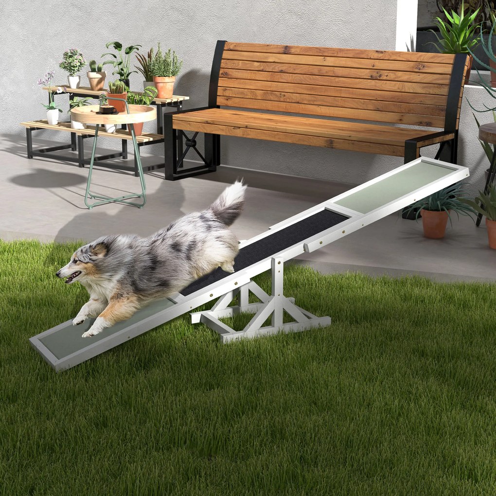 PawHut houpačka pro psy, dřevěná houpačka pro agility, protiskluzová rampa pro psy do 30 kg, pro rovnováhu, 180 x 30 cm Bílá