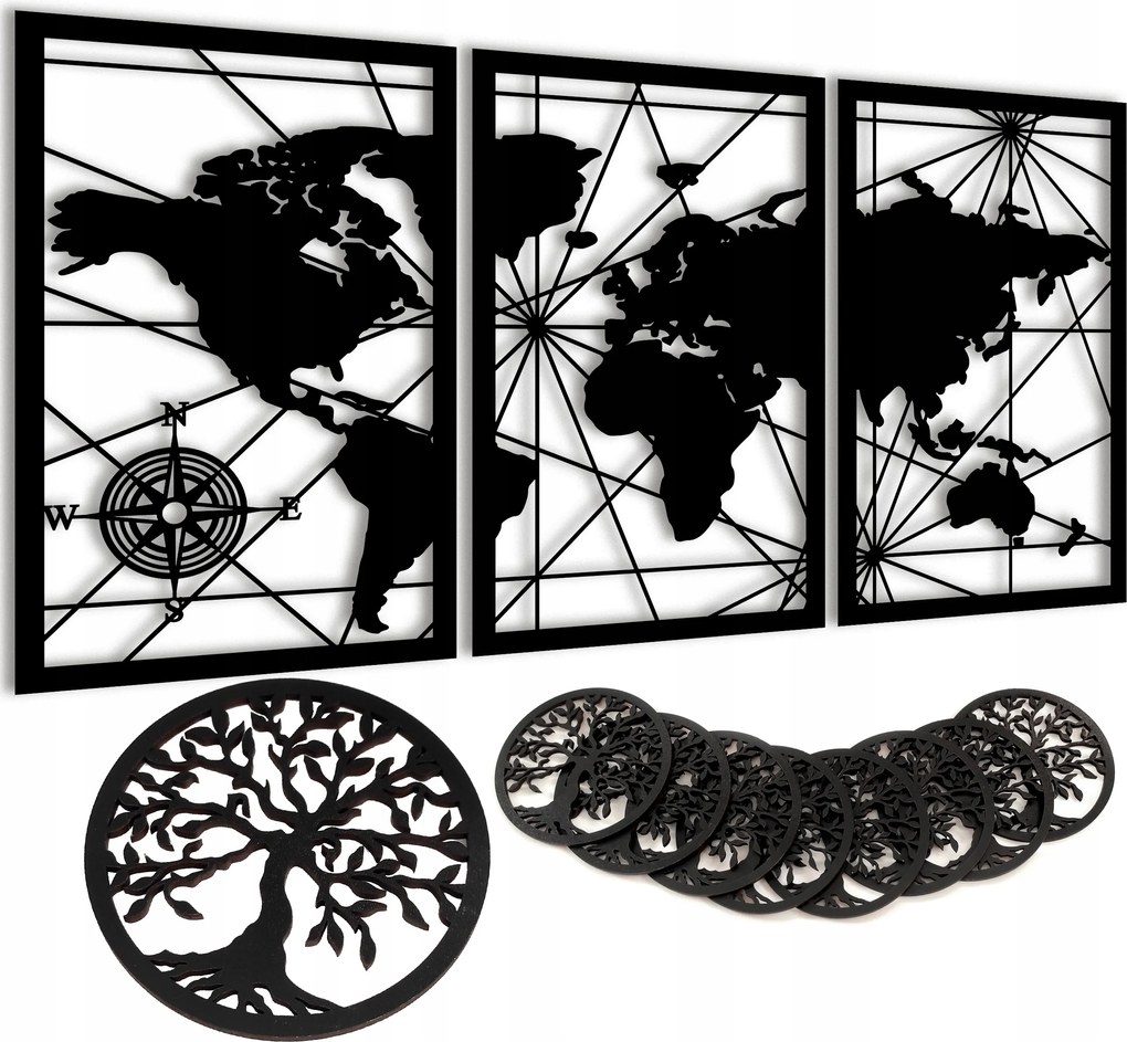 Mapa Světa na zeď Dřevěná 3D Obraz Ažurová Dekorace XL 182 x 90 cm