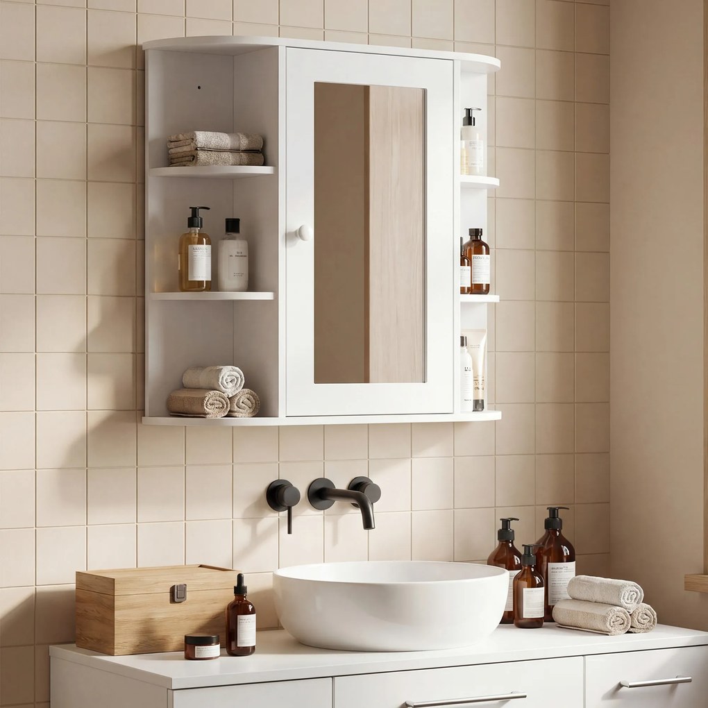 HOMCOM zrcadlová skříňka koupelnová zrcadlová nástěnná skříňka s 8 přihrádkami víceúčelová skříňka bílá 66x17x63cm do koupelny