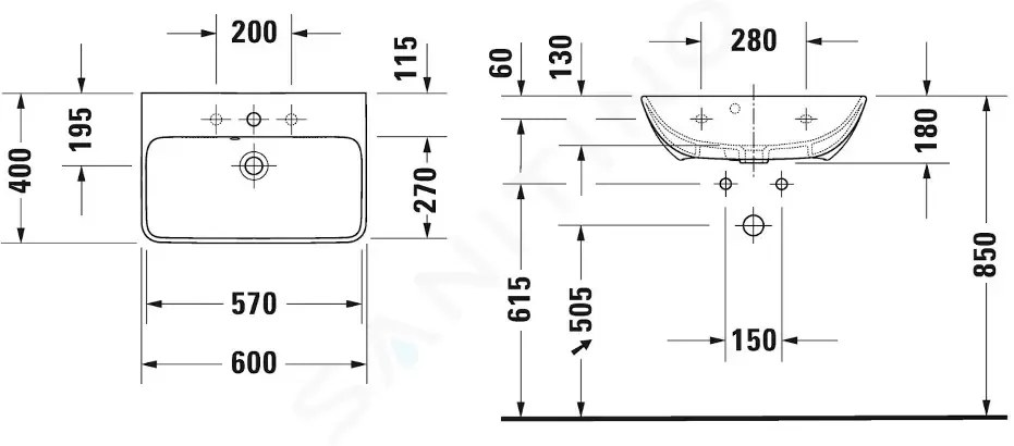 DURAVIT - ME by Starck Umyvadlo 600x400 mm, s přepadem, s otvorem pro baterii, bílá (2343600000)