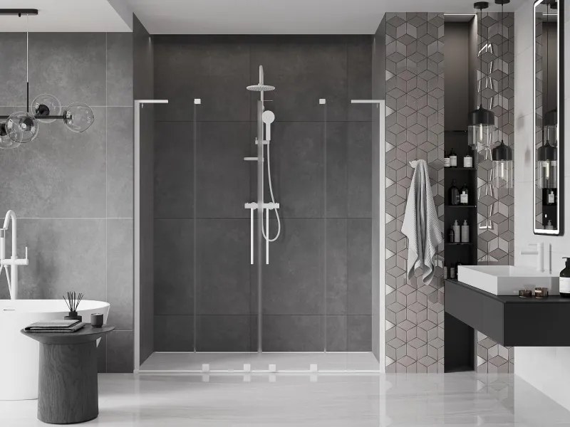 Mexen Velar L Duo, posuvné sprchové dveře do otvoru 180 cm, 8mm čiré sklo, bílá matná, 871-180-003-02-20
