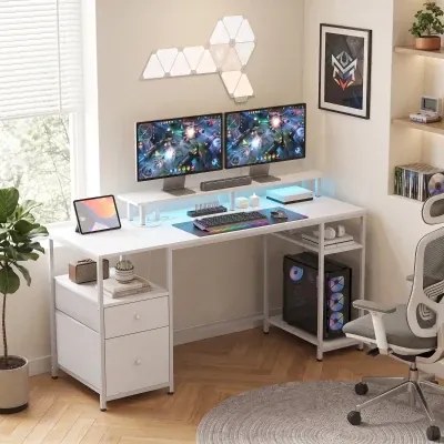 HOMCOM Stůl s LED osvětlením, zásuvkami, USB porty a držákem na monitor 155,5x48x88,5 cm Bílá